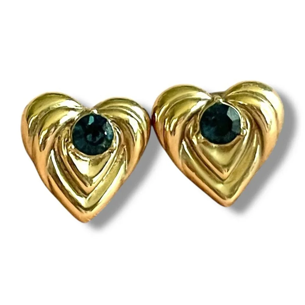 Krementz | Jewelry | Vintage Krementz Heart Earrings Gold Tone Blue ...